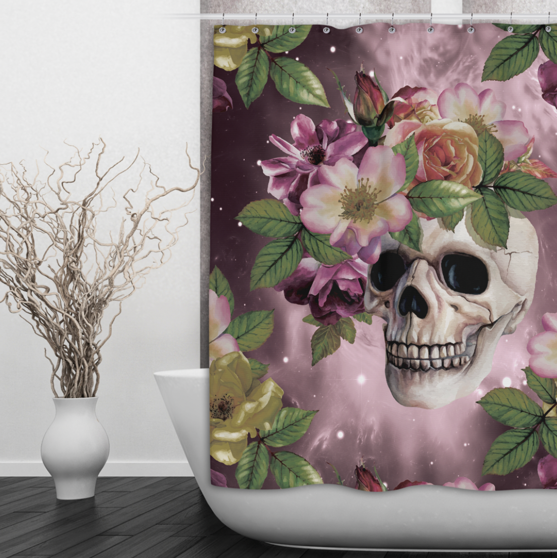 Maroon Watercolor Galaxy Floral Skull Shower Curtains and Optional Bat ...
