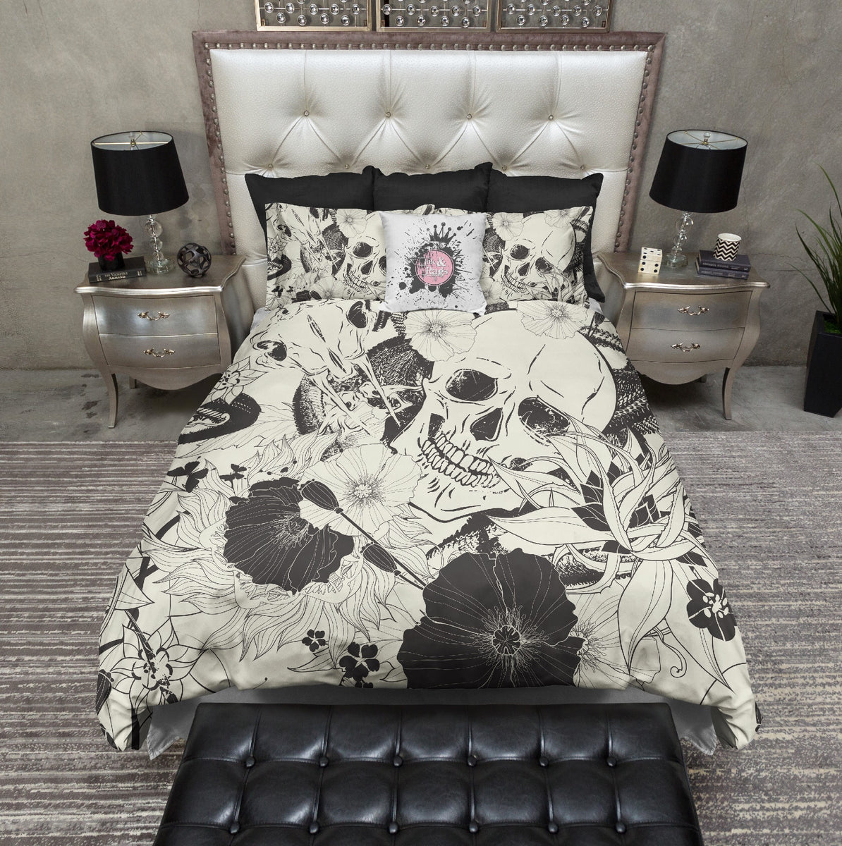 Striking Black Sabertooth Serpent and Skull CREAM Bedding Collection ...