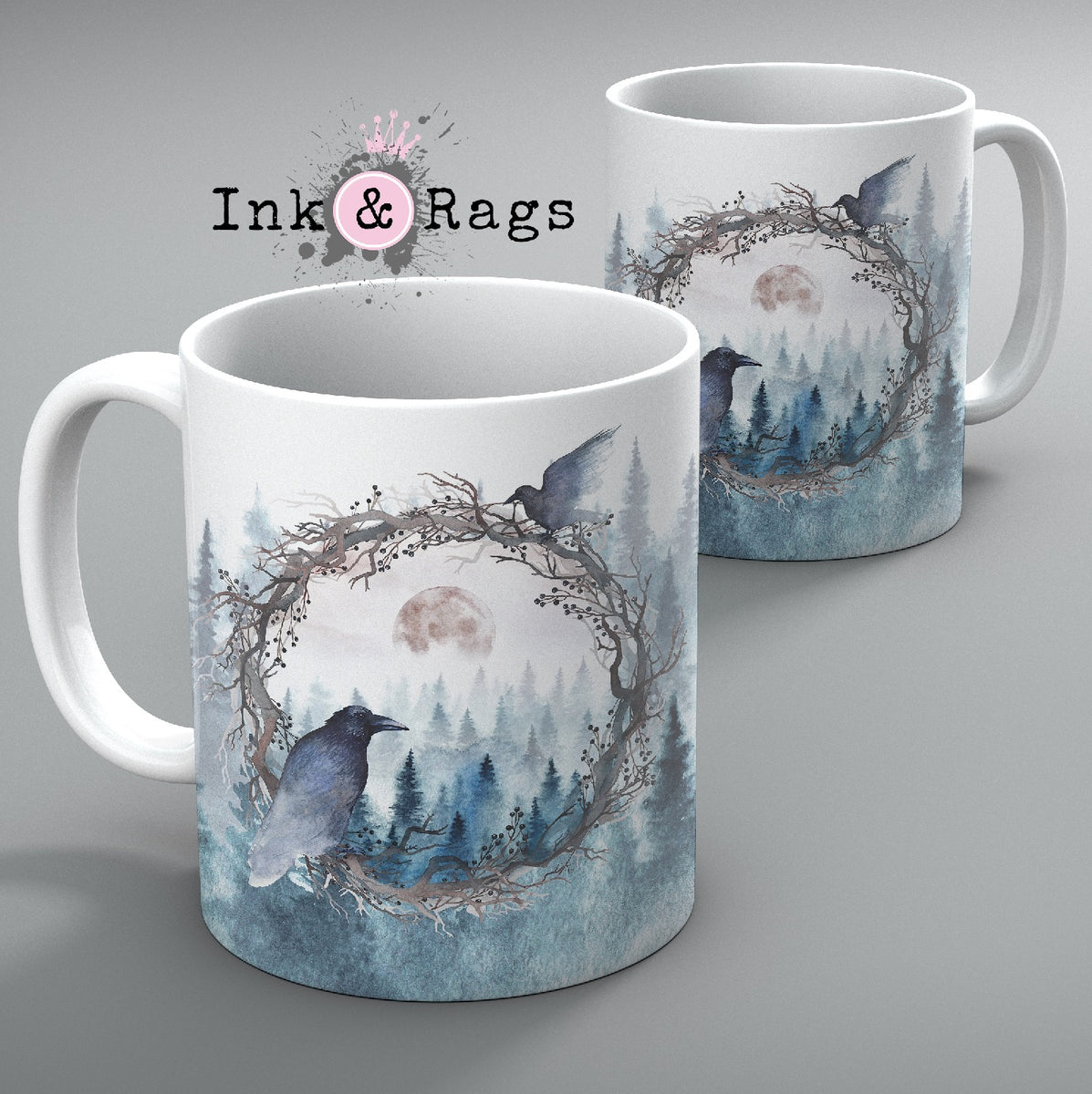 Poe Inspired Watercolor Forest Moon Raven Mug Set of 2 – Ink and Rags