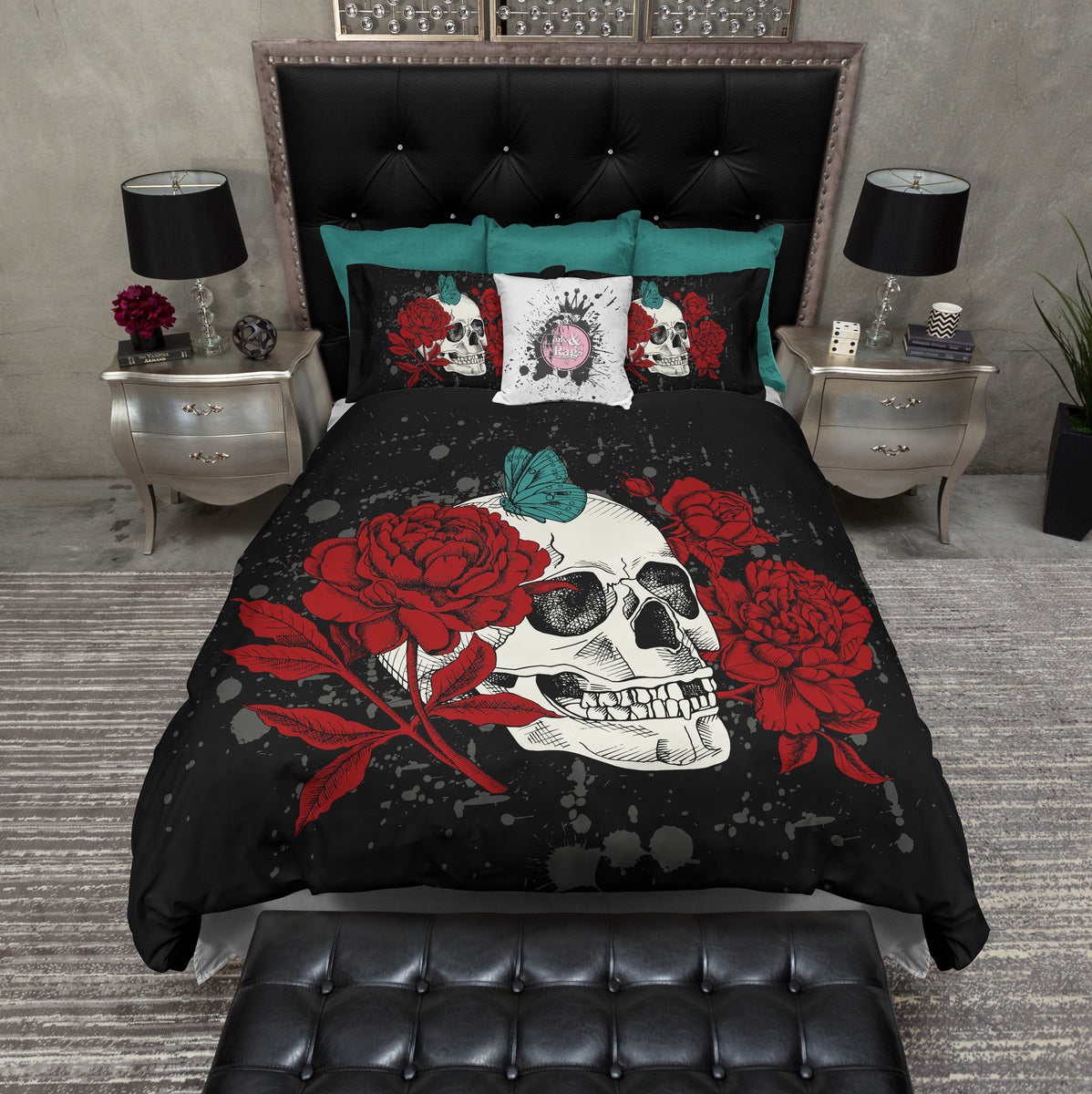 Peony and Teal Butterfly Skull CREAM Bedding Collection – Ink and Rags