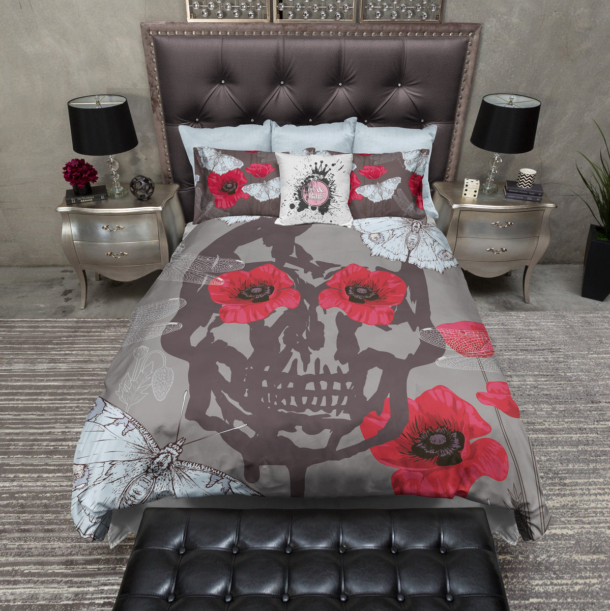 Blue Moth and Red Poppy Skull Bedding Collection – Ink and Rags