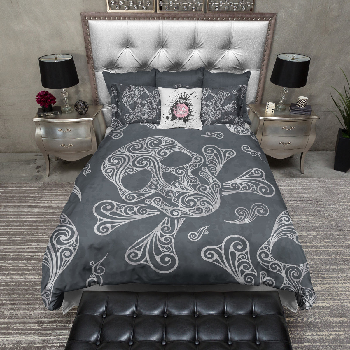 Scroll Design Skull & Crossbone Bedding Collection – Ink and Rags