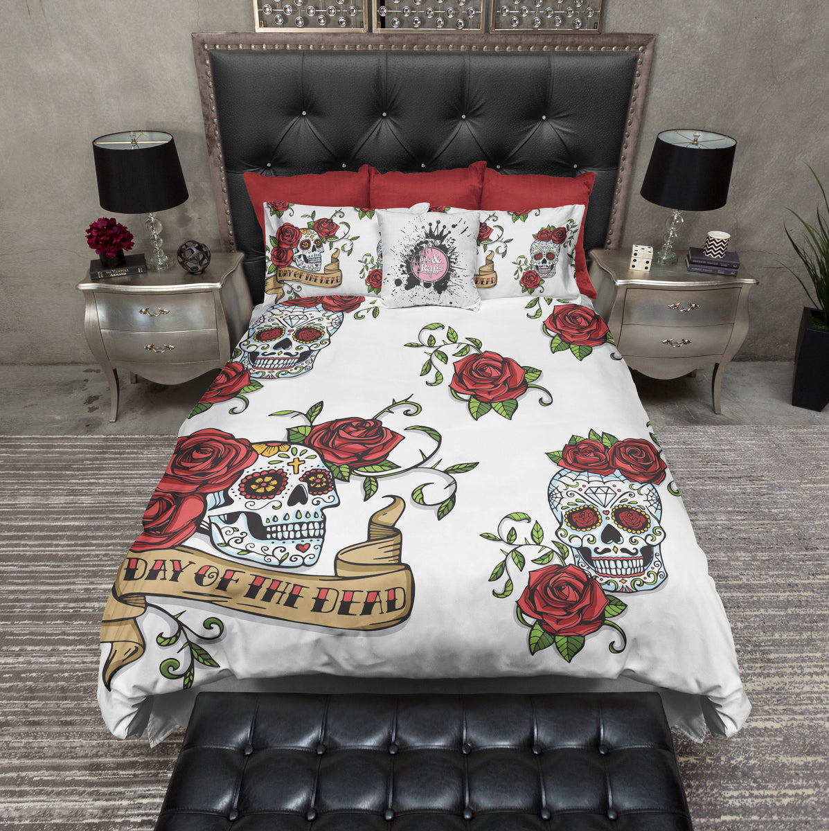 Day of the Dead Red Rose and Sugar Skull Bedding Collection – Ink and Rags