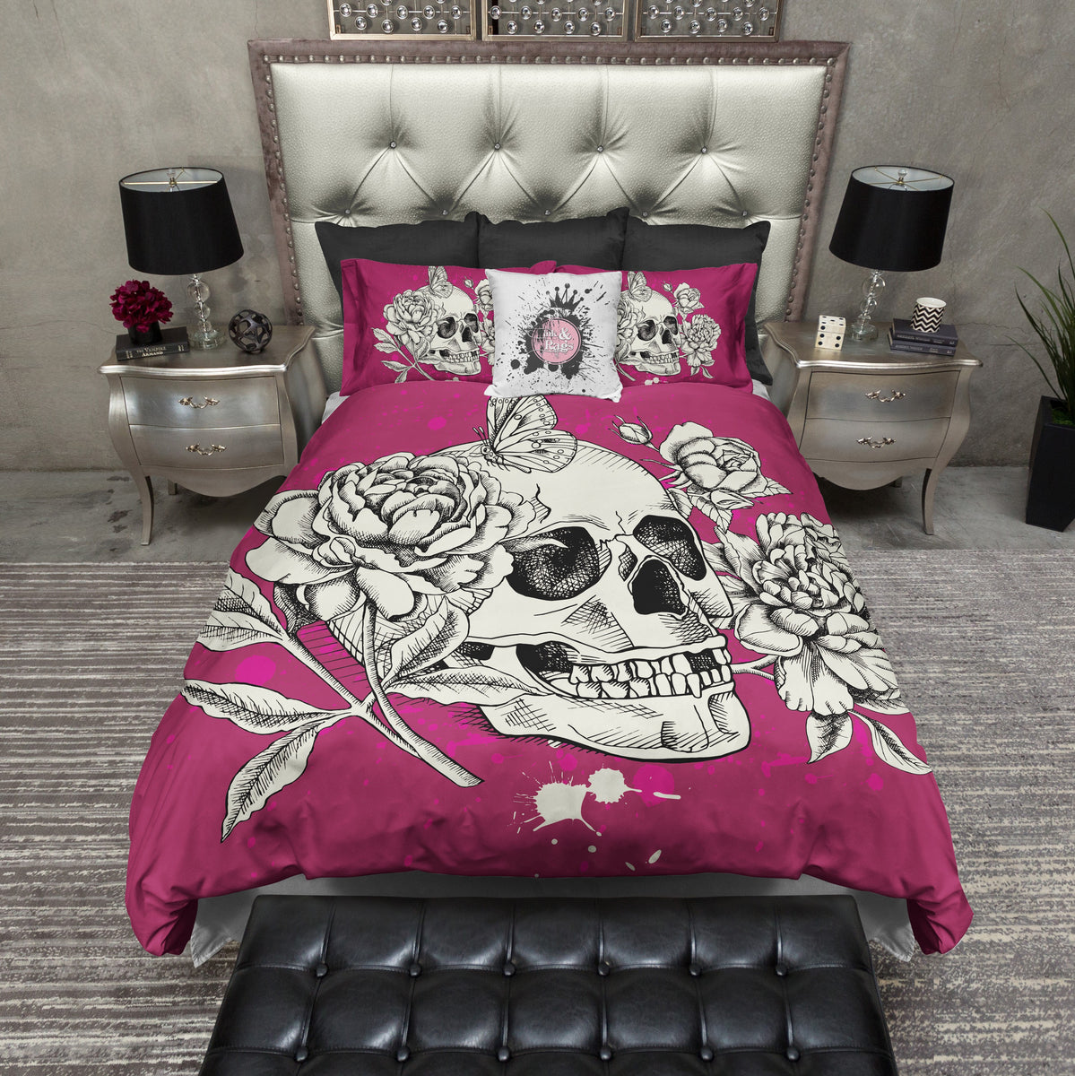 Bright Pink Peony and Butterfly Skull CREAM Bedding Collection – Ink ...