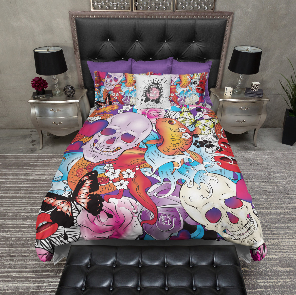 Colorful Tattoo Inspired Water and Earth Elements Skull Bedding Collec ...