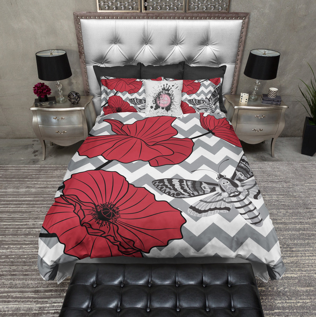 Chevron Stripe Red Poppy Death Moth Skull Bedding Collection – Ink and Rags