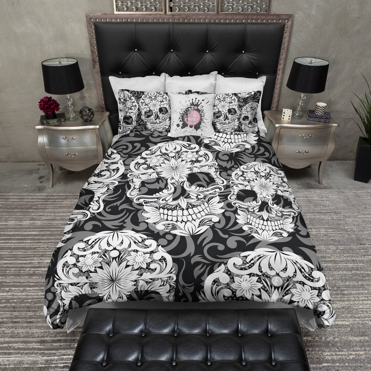 Black White and Grey Sugar Skull and Scroll Bedding Collection – Ink ...