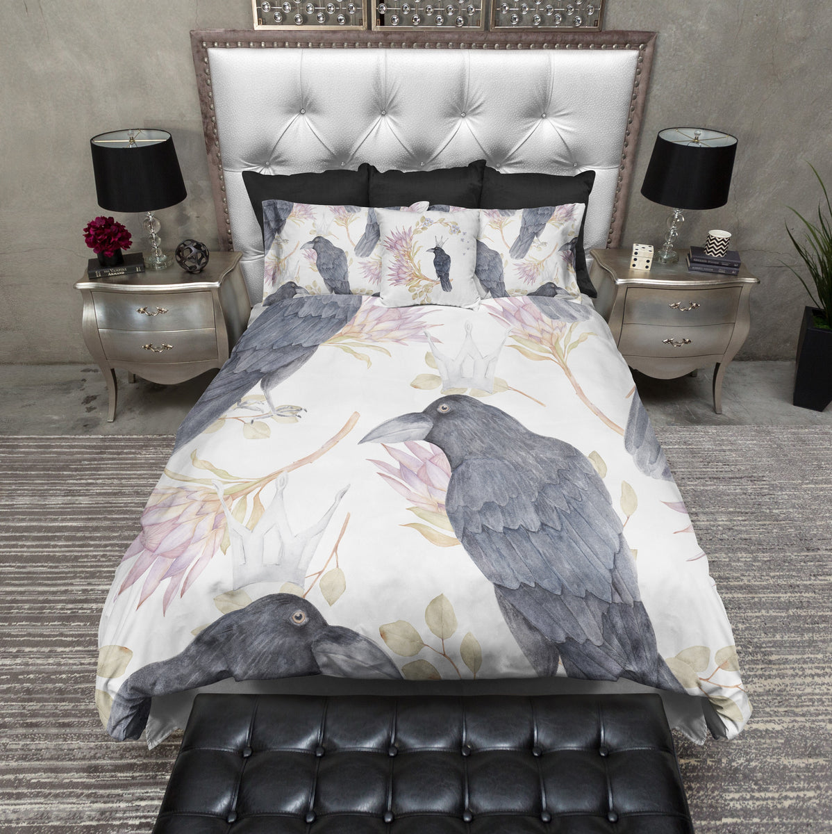 Crowned Crow and Floral Bedding Collection – Ink and Rags
