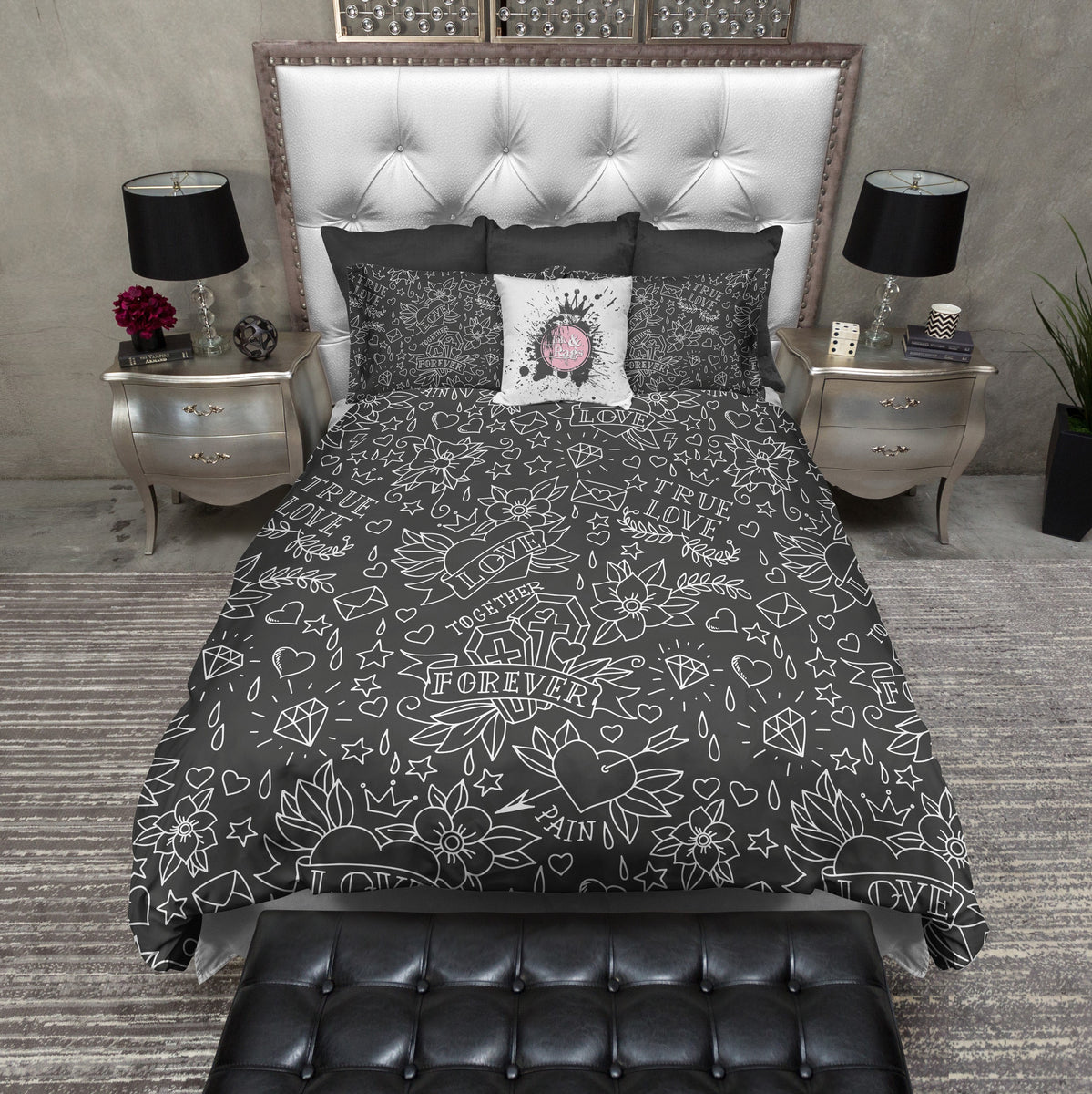 Hand Drawn True Love Black & White Tattoo Bedding Collection – Ink and Rags