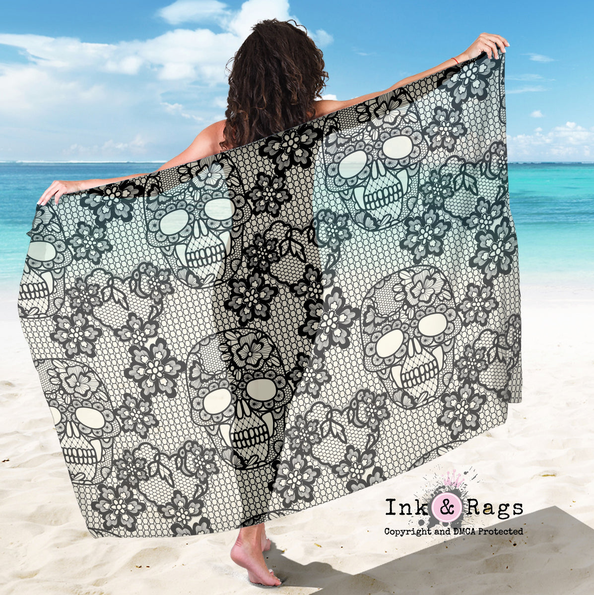 Large Sheer Black and Cream Lace Skull Scarf, Sarong, Shawl – Ink and Rags